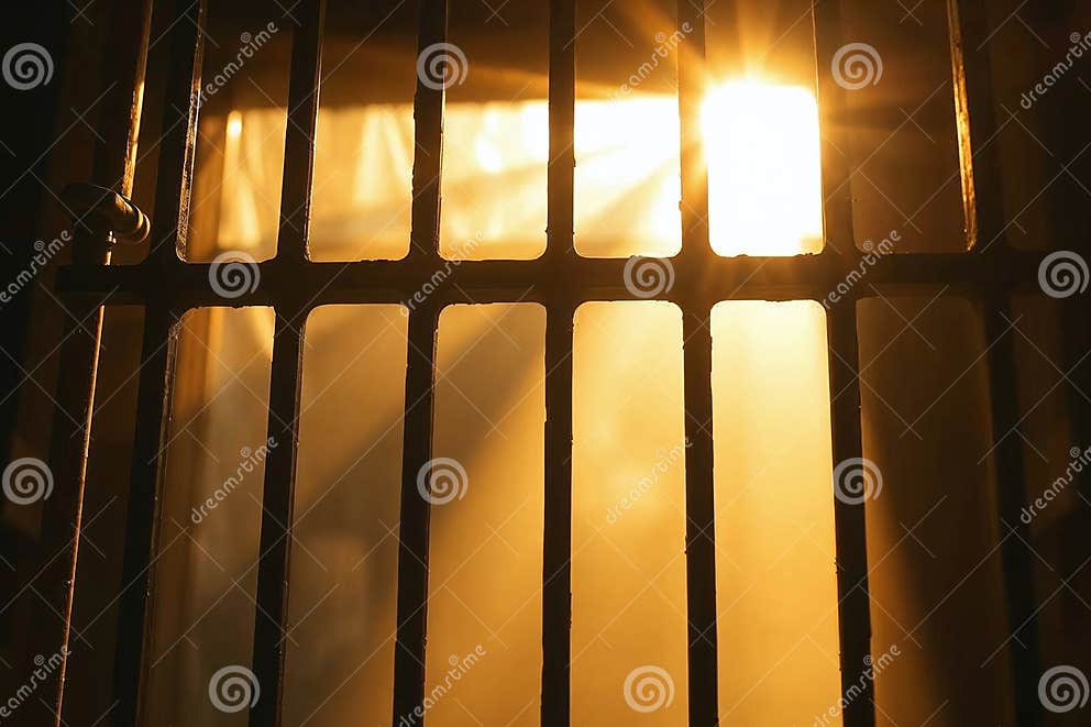 Sunlight Streams through Prison Bars, Casting Dramatic Shadows in a Dim ...