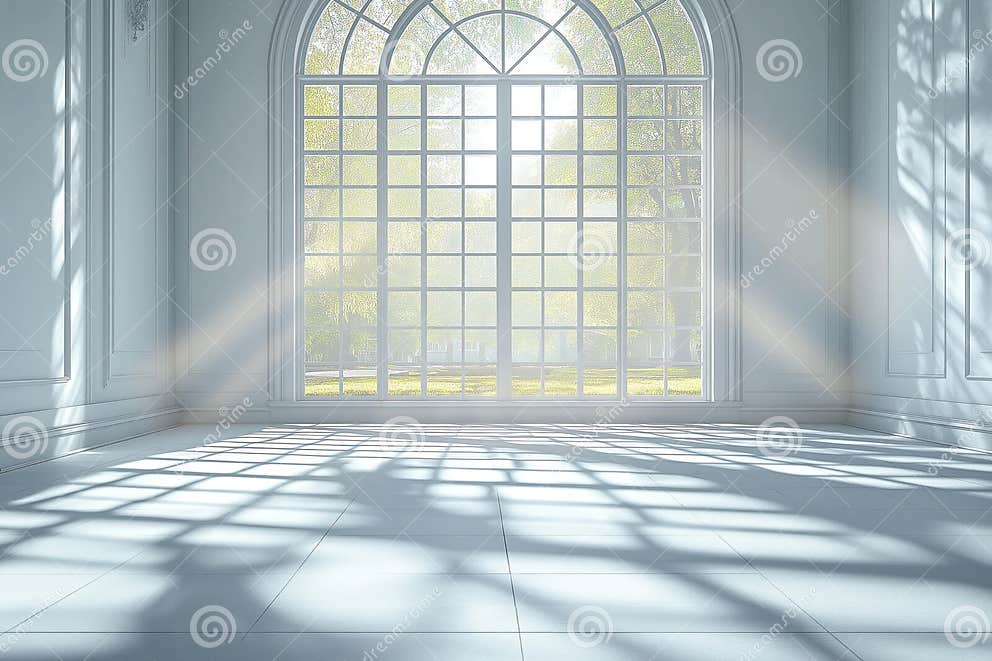 Sunlight Streams into Spacious White Room through Large Arched Window ...