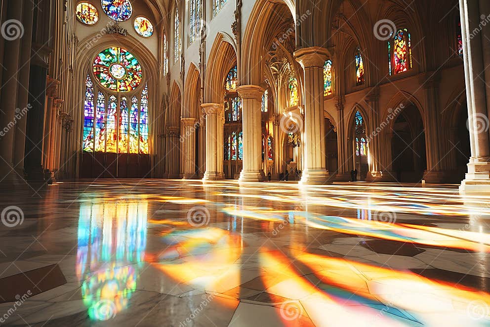 Sunlight Streams through Stained Glass Windows in a Cathedral Stock ...