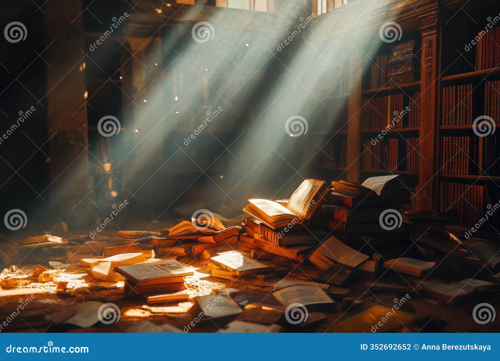 Sunlit Abandoned Library With Fallen Shelves And Overgrown Plants Stock ...