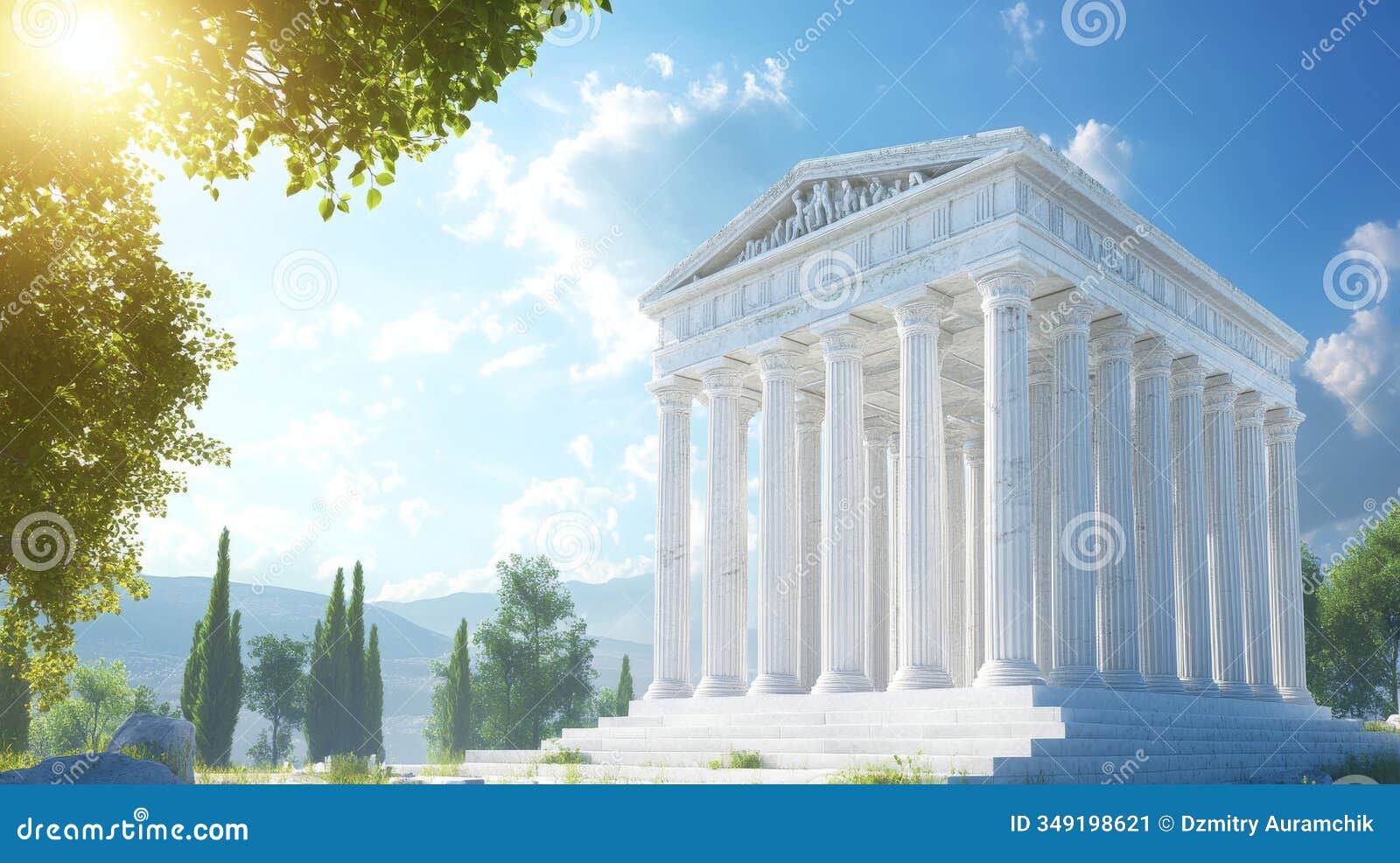 A Sunlit Ancient Greek Temple with Columns and Trees. Stock Image ...