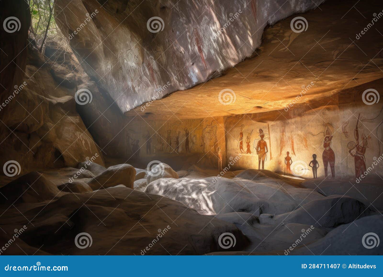 Sunlit Ancient Rock Art in a Secluded Cave Stock Illustration ...