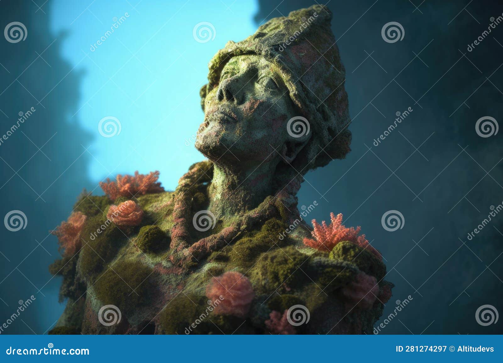 Sunlit Ancient Statue Covered in Coral and Algae Stock Illustration ...
