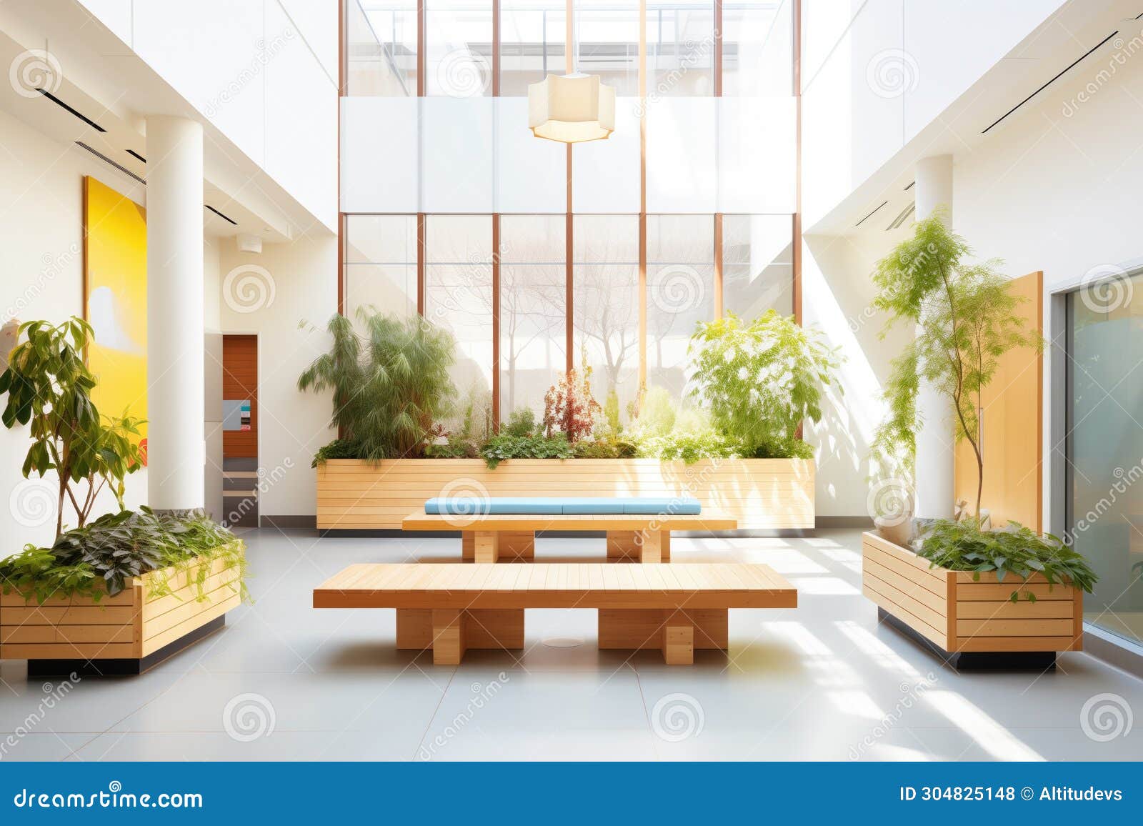 Sunlit Atrium with Vertical Garden and Minimalist Benches Stock Photo ...