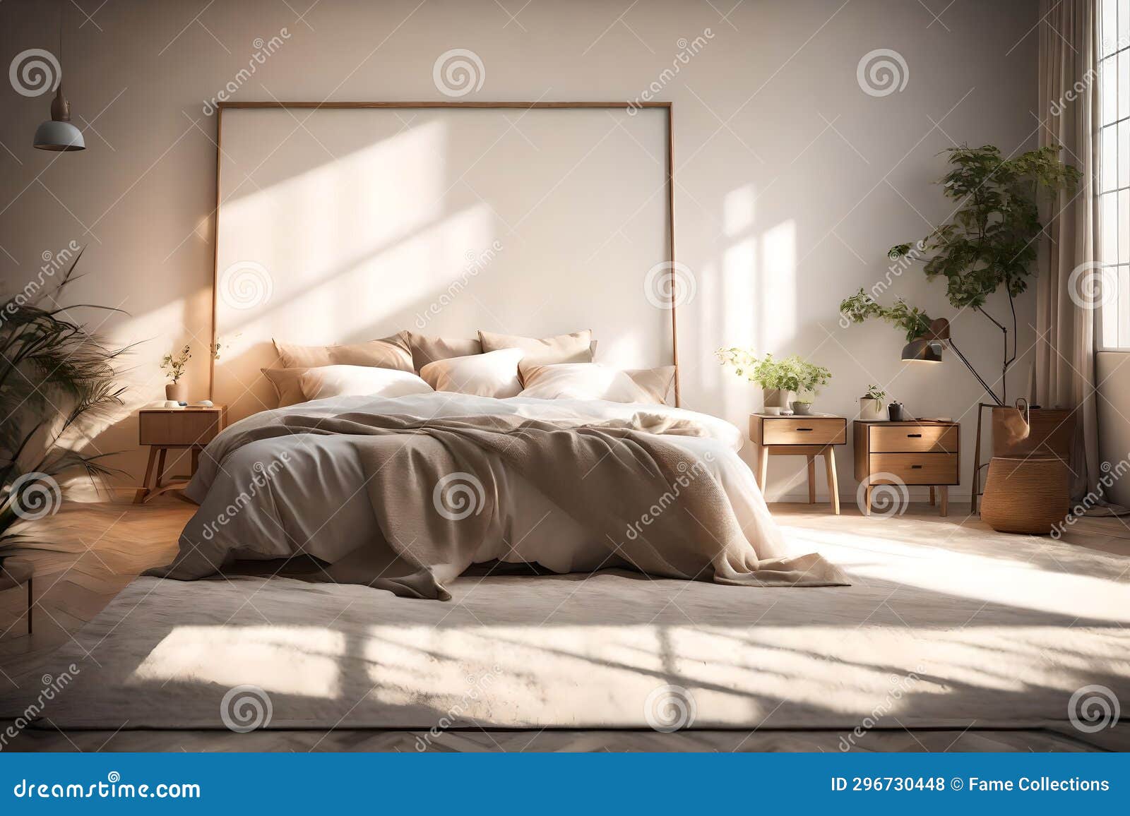 A Sunlit Bedroom with a Blank Wall Frame Above the Bed, Casting Soft ...