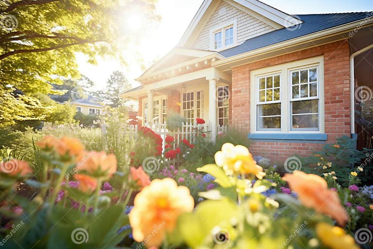 Sunlit Brick Cape Cod House with Flowering Garden in Front Stock Image ...