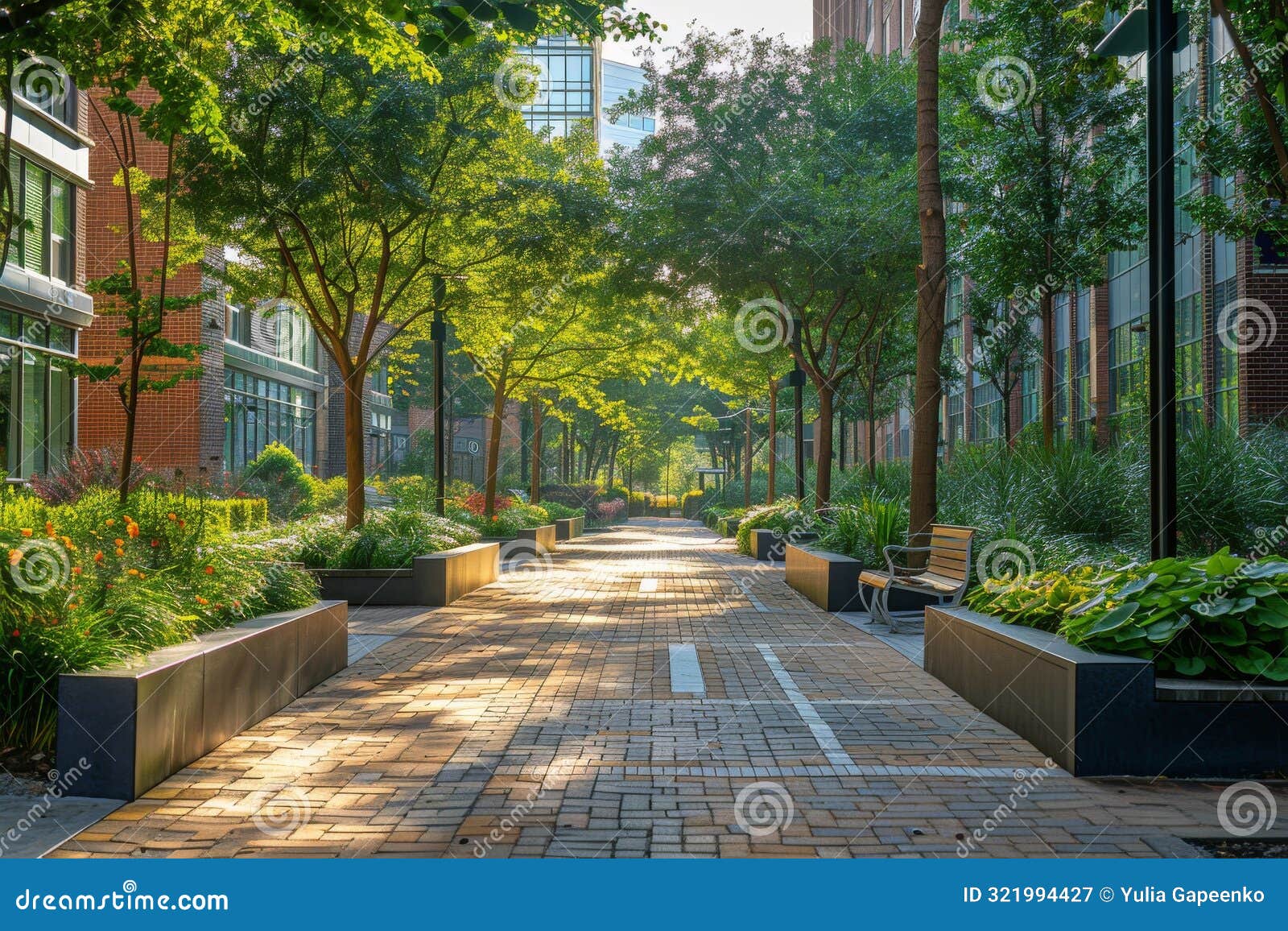 Sunlit Brick Path Lined with Trees and Planters in a Modern Urban City ...