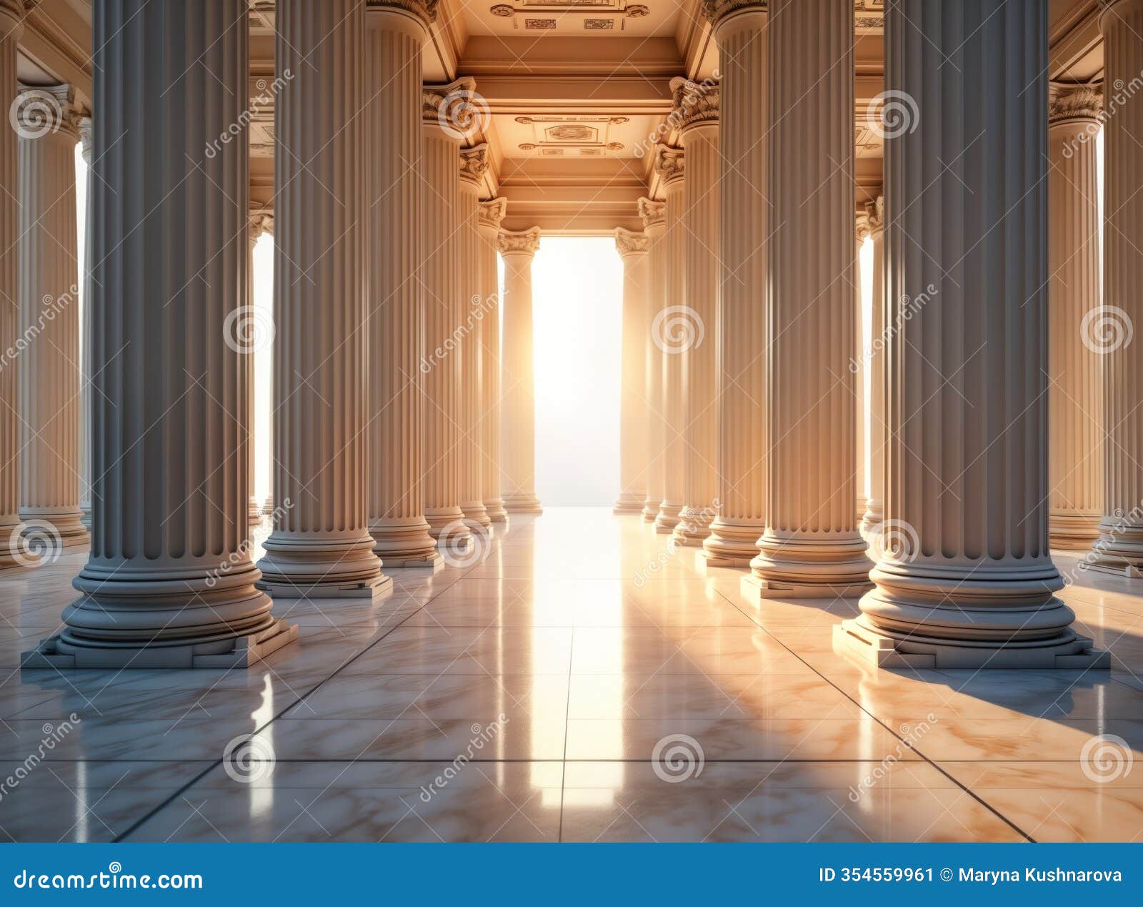 Sunlit Classical Colonnade. Many Tall White Marble Columns. Strong ...