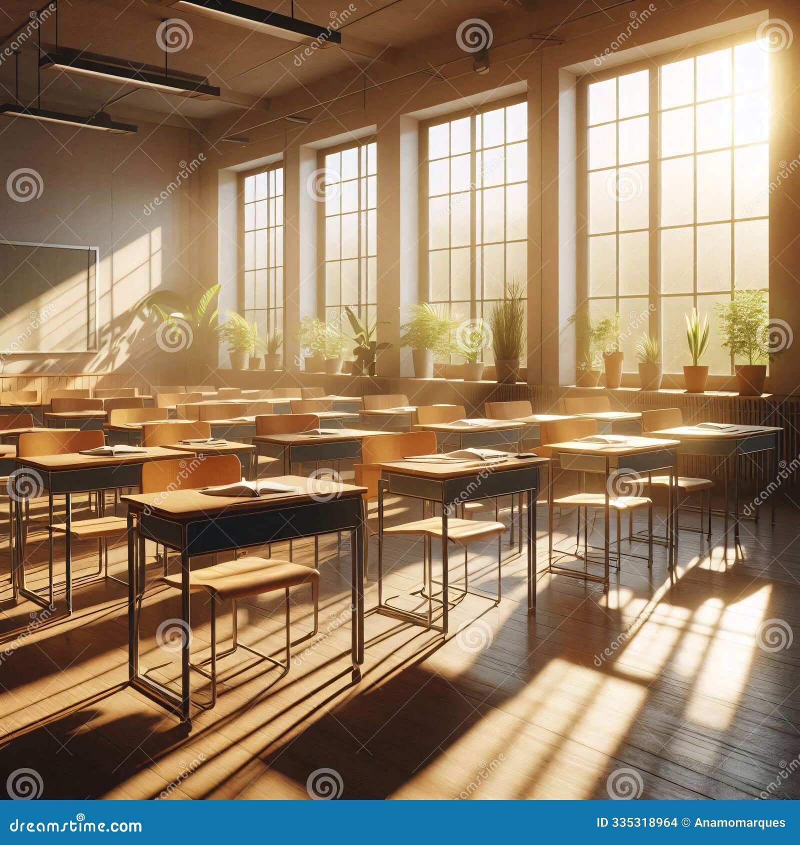 A Sunlit Classroom with Rows of Desks Casts Long Shadows. Generative AI ...