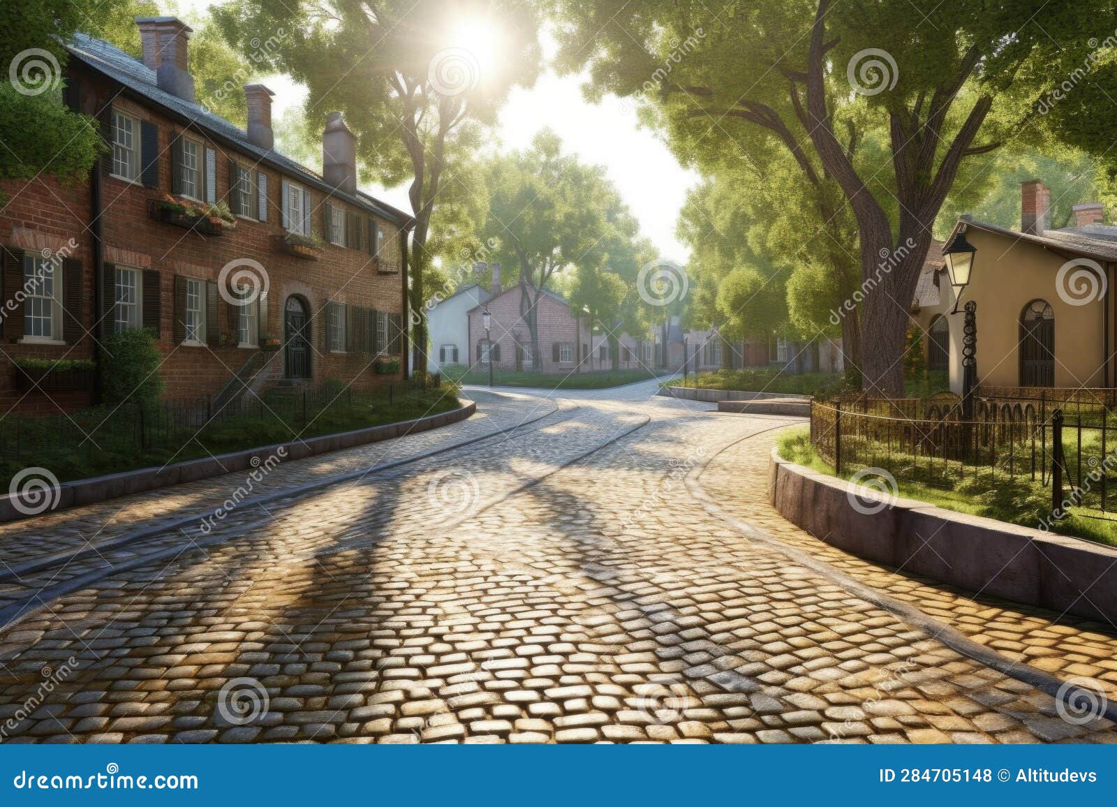 Sunlit Cobblestone Path Curving through a Scenic Park Stock Photo ...