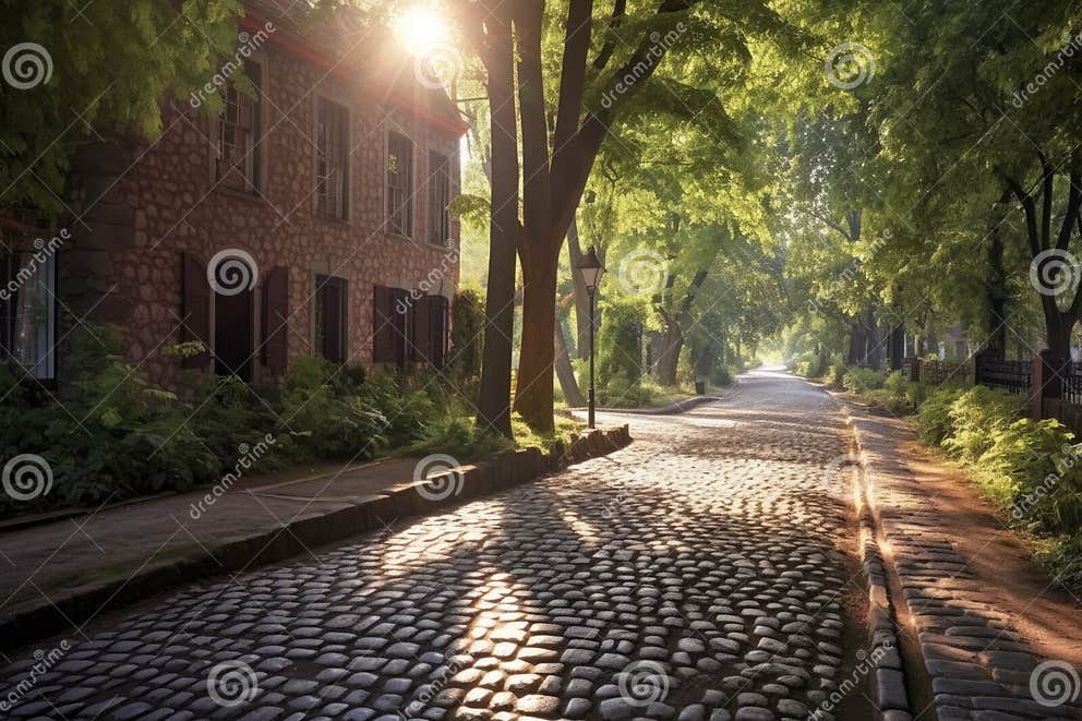 Sunlit Cobblestone Path Curving through a Scenic Park Stock ...