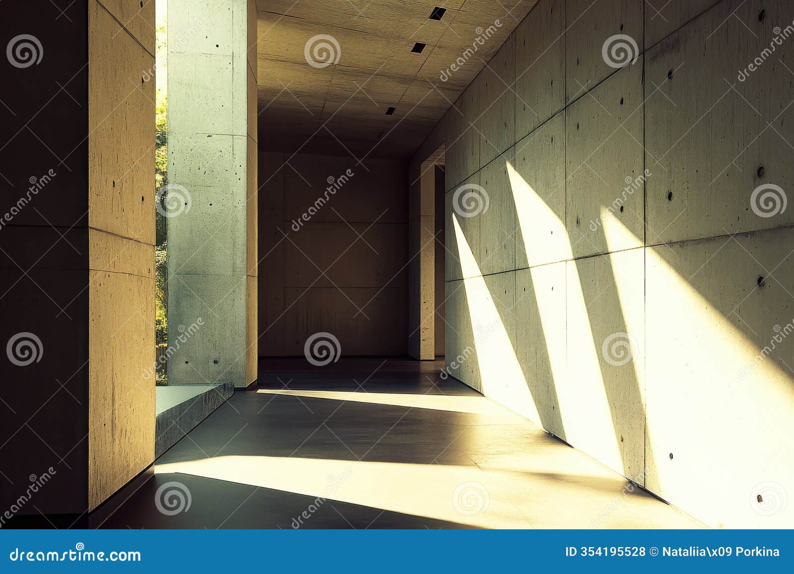 Sunlit Concrete Corridor with Shadows in Modern Architectural Space ...