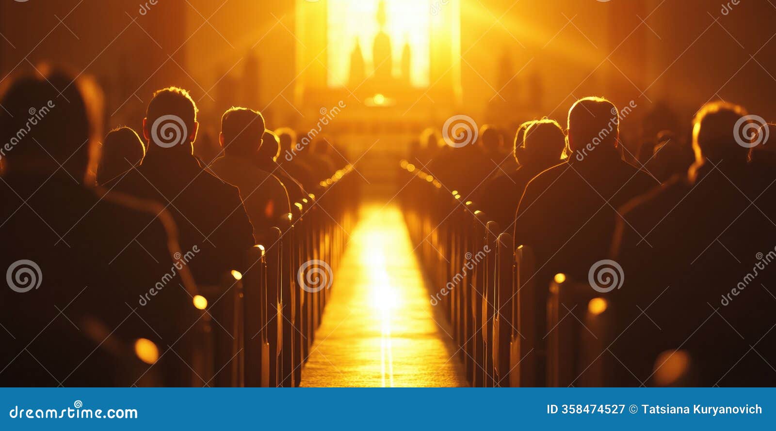 Sunlit Congregation in Serene Worship Setting, Rows of People Facing ...
