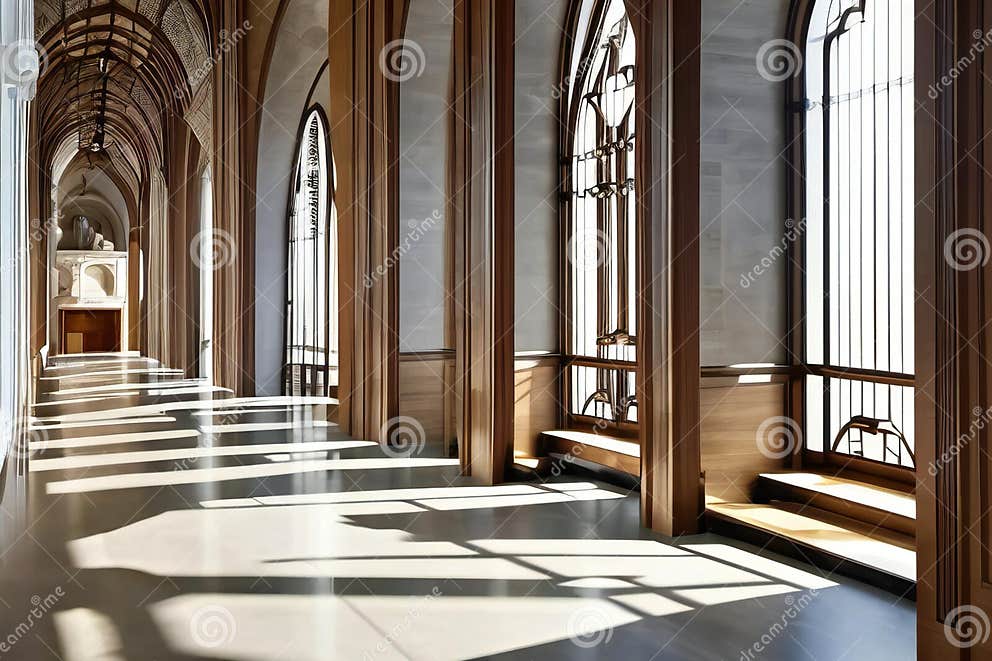 Sunlit Corridor with Arched Windows Casting Shadows in a Historic ...