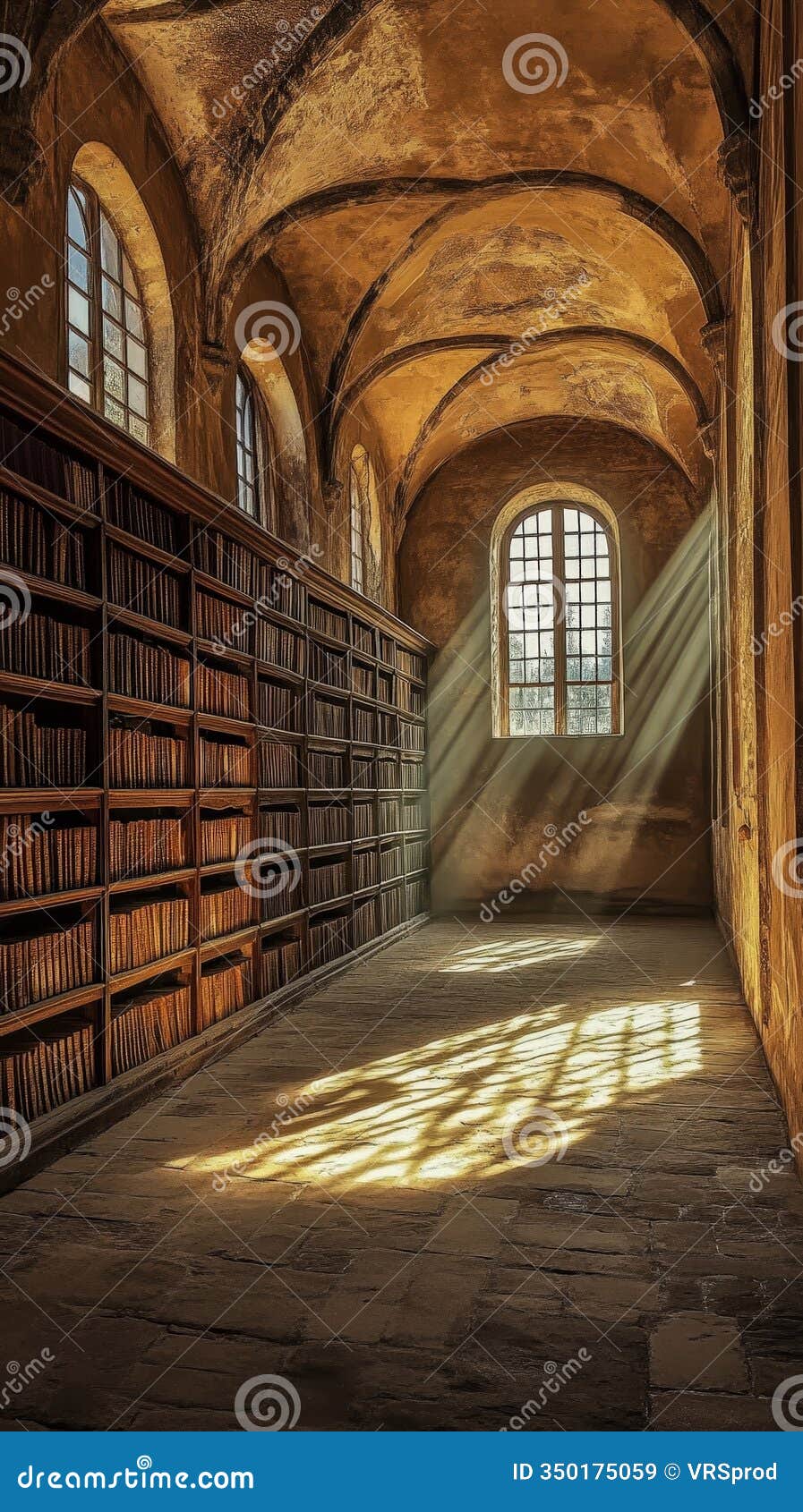 Sunlit Corridor of a Medieval-style Library Stock Image - Image of ...