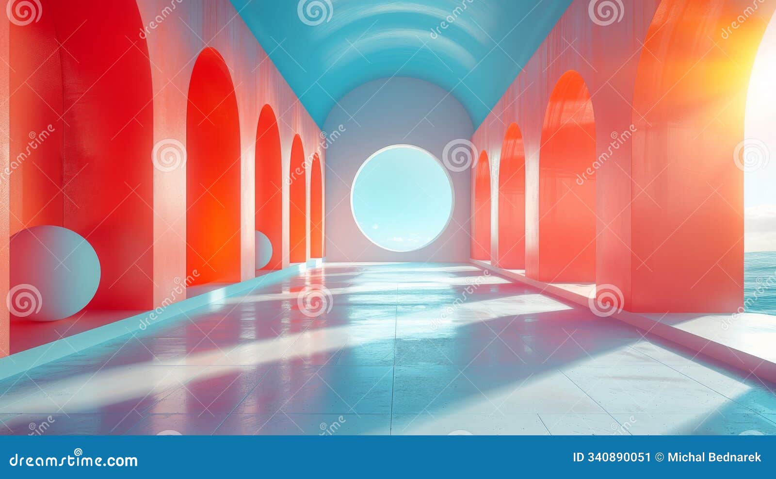 Sunlit Corridor with Red Arches and Ocean View Stock Image - Image of ...