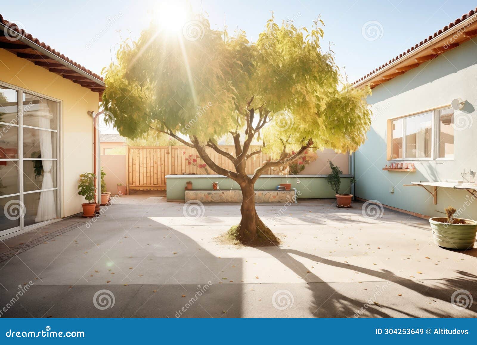 Sunlit Courtyard with an Olive Tree in the Center Stock Image - Image ...