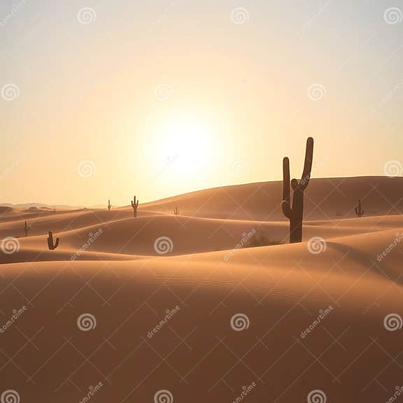 Sunlit Desert with Dunes and Cacti Stock Illustration - Illustration of ...