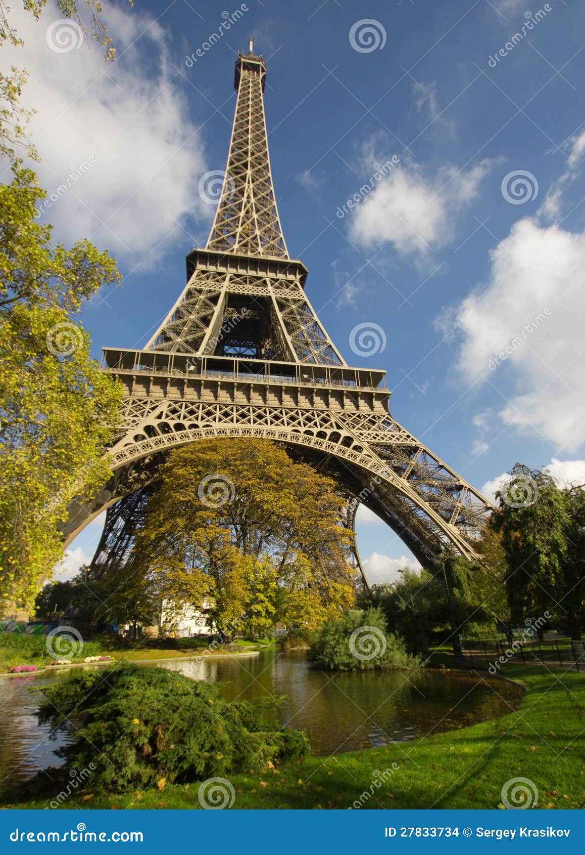 Sunlit Eiffel Tower, Paris, Over Park and Lake Stock Photo - Image of ...