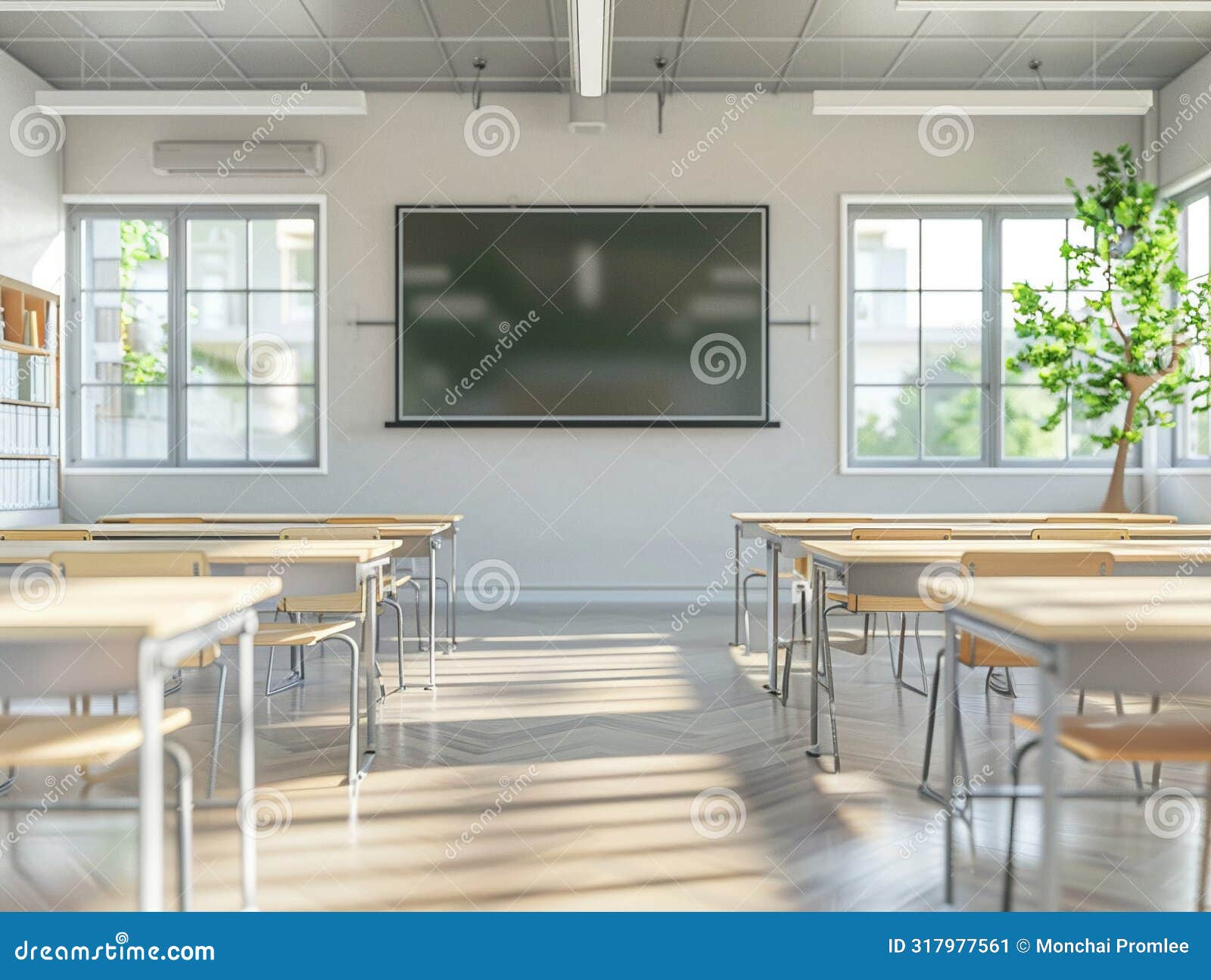 Sunlit Empty Classroom with Modern Desks, a Large Blackboard, and a ...