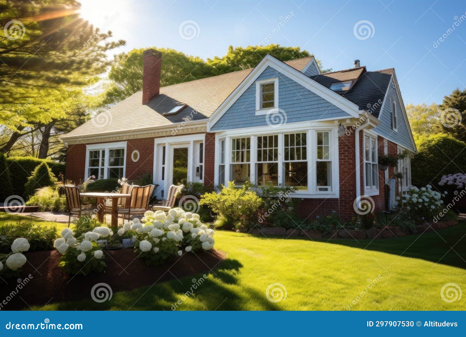 Sunlit Exterior of a Cape Cod Brick House Stock Photo - Image of ...