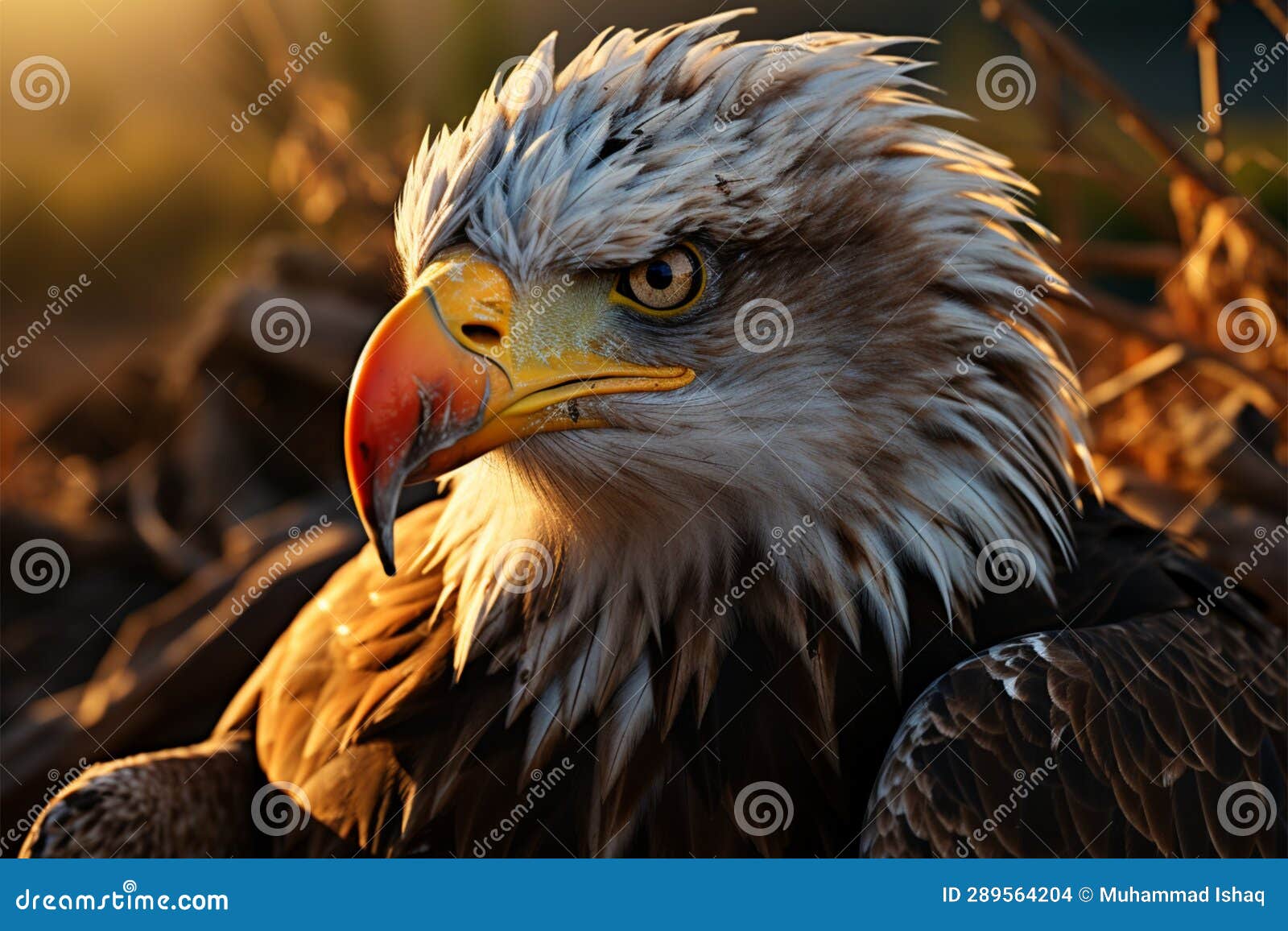 Sunlit Field Frames a Close Up of a Powerful and Regal Eagle Stock ...