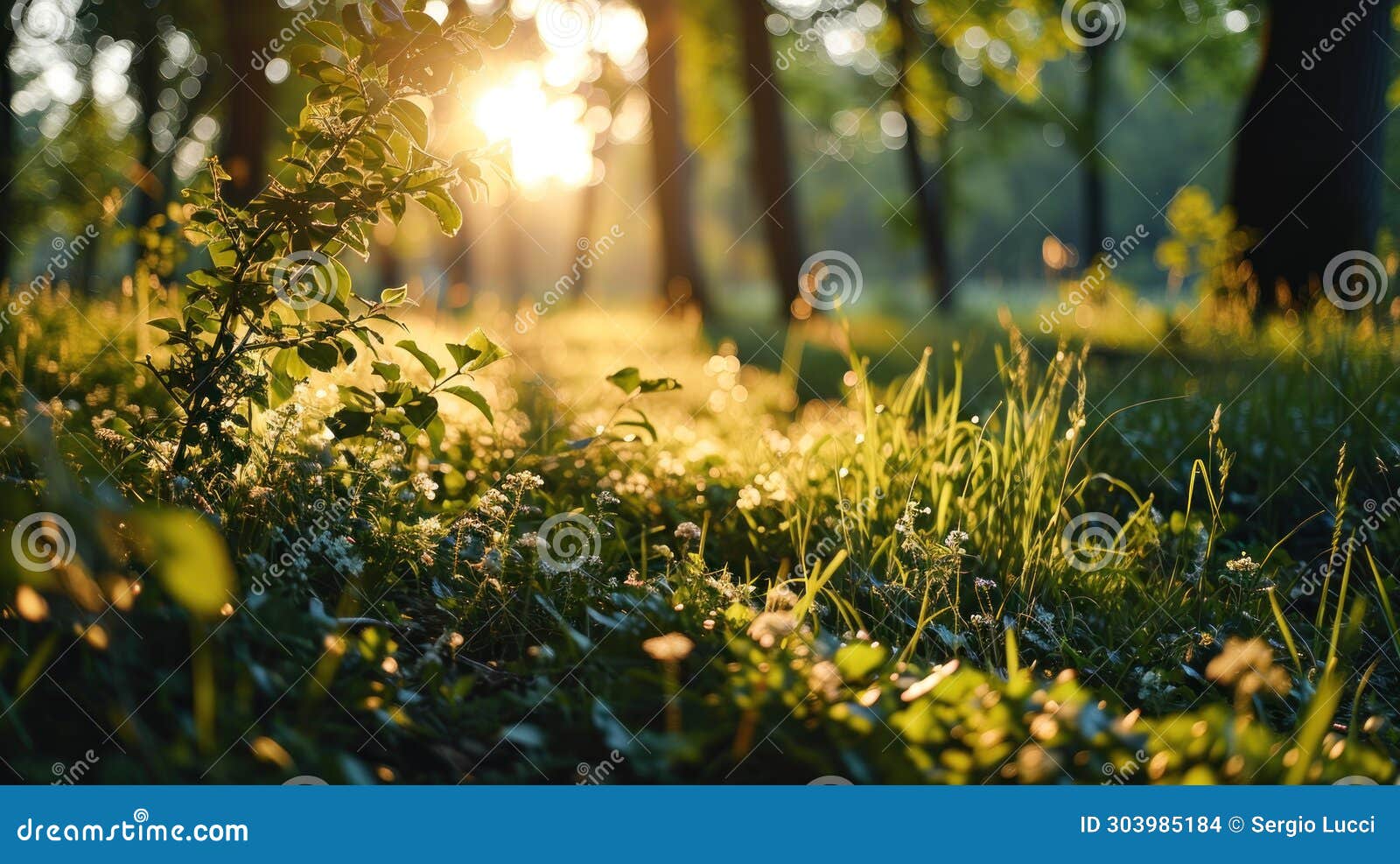 Sunlit Forest Clearing with Lush Green Grass and Trees. Stock Photo ...