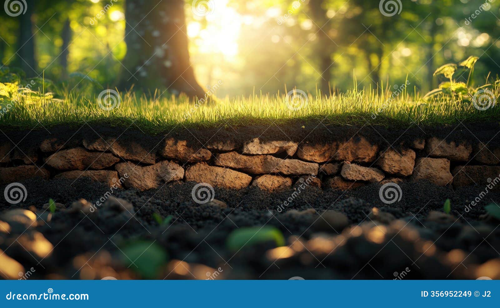 Sunlit Forest Cross-section with Lush Grass and Exposed Soil Layers ...
