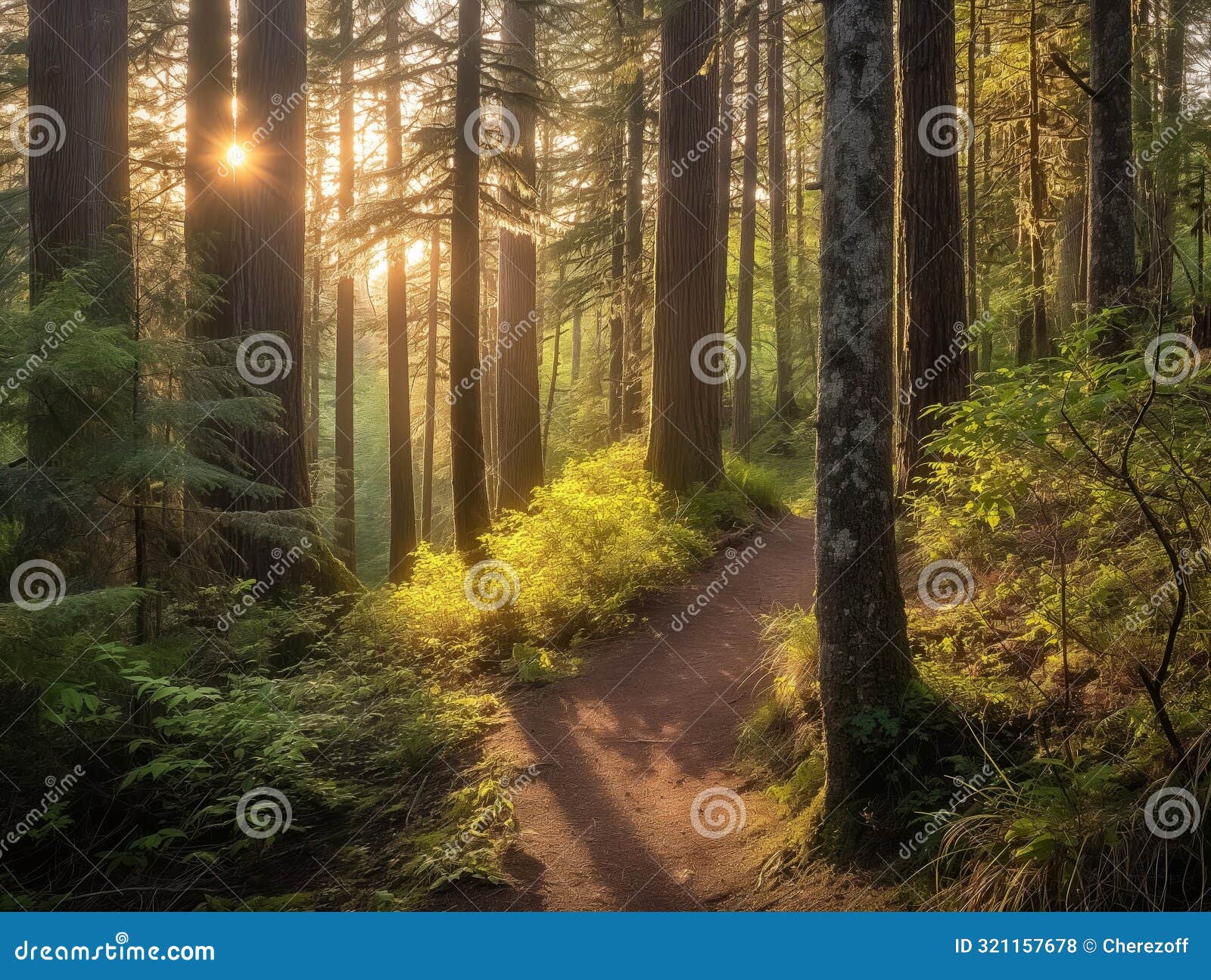 Sunlit Forest Path at Dawn stock photo. Image of dawn - 321157678
