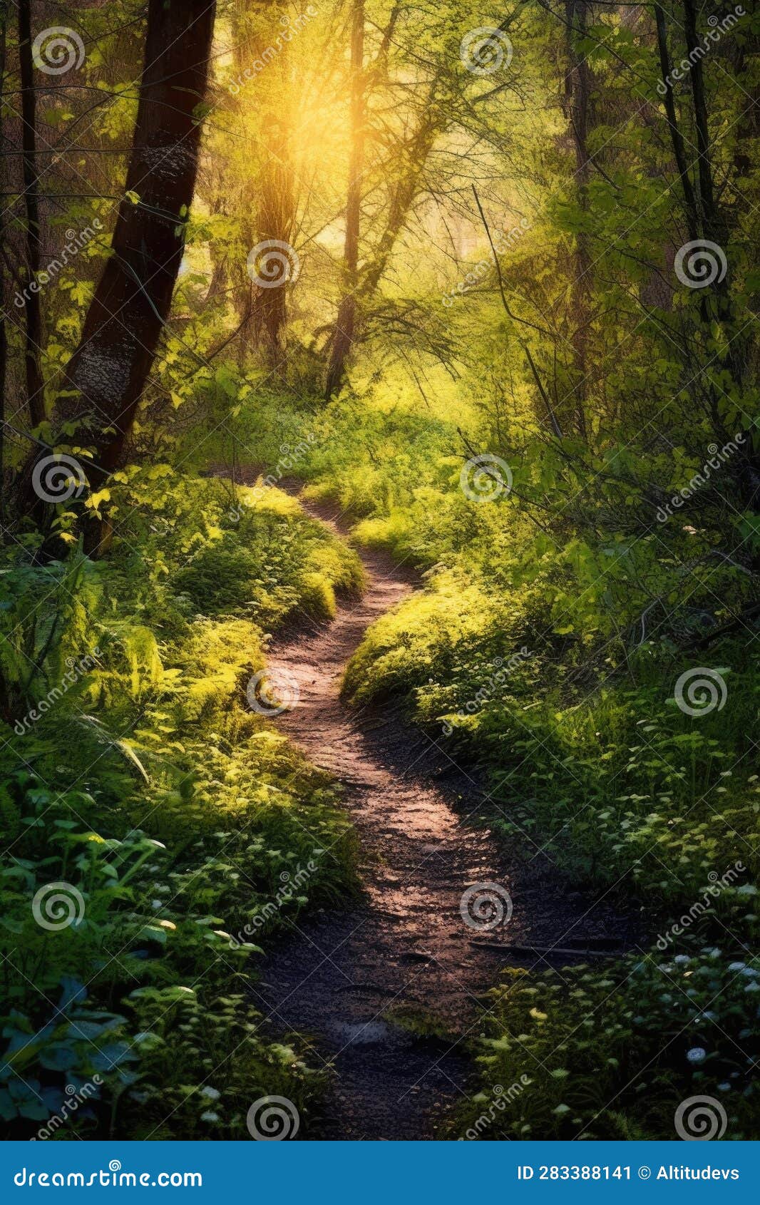 Sunlit Forest Path with New Growth Stock Image - Image of sunlit ...