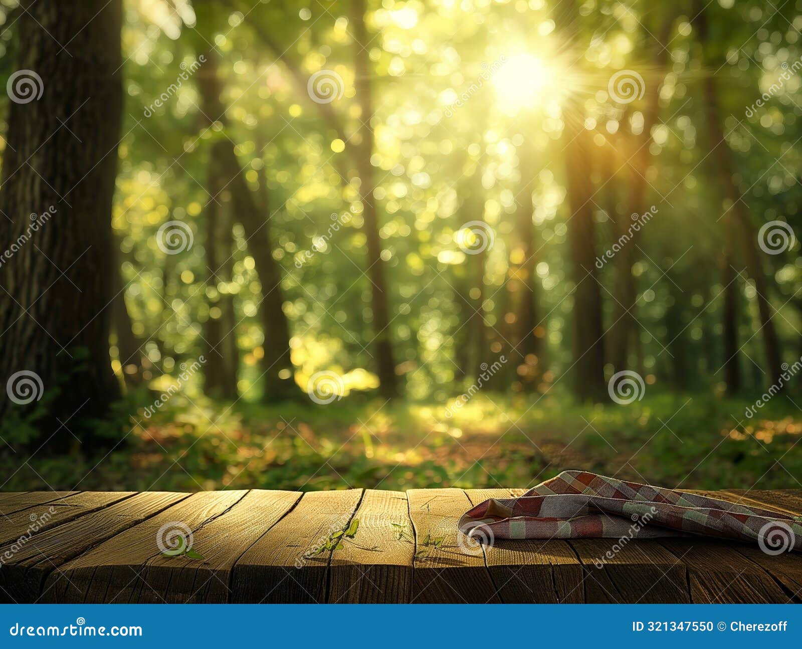 Sunlit Forest with Wooden Table and Checkered Cloth Stock Photo - Image ...