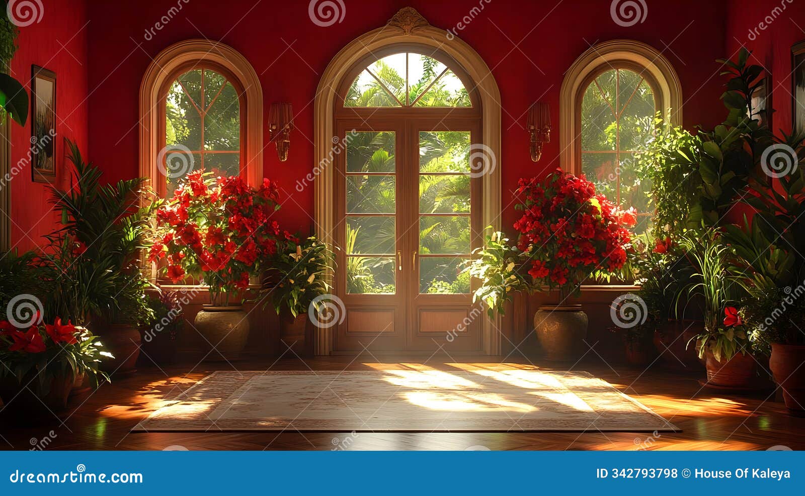 Sunlit Foyer with Arched Windows and Plants - 3D Illustration Stock ...