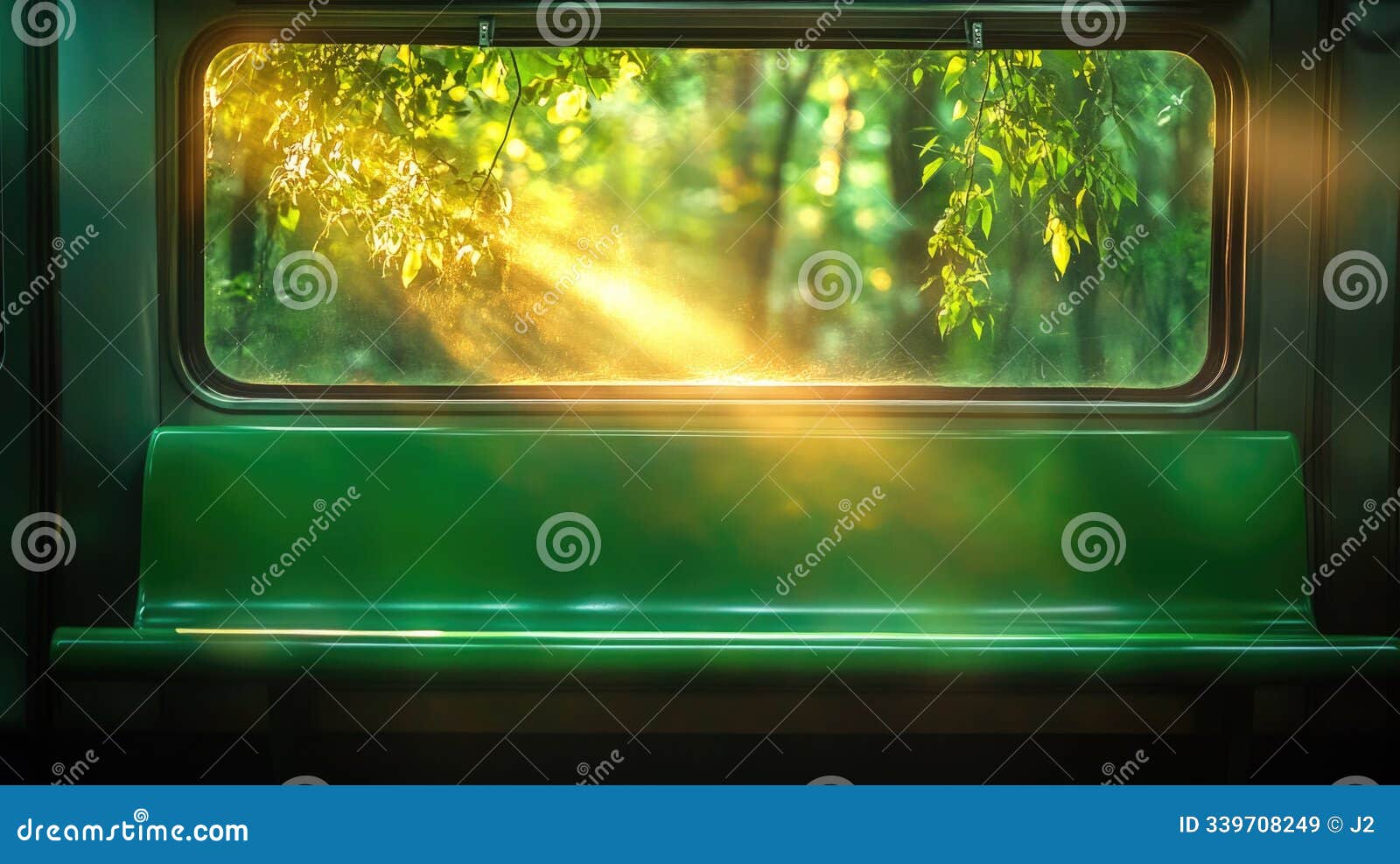 Sunlit Greenery through Vintage Train Window on Empty Carriage Journey ...