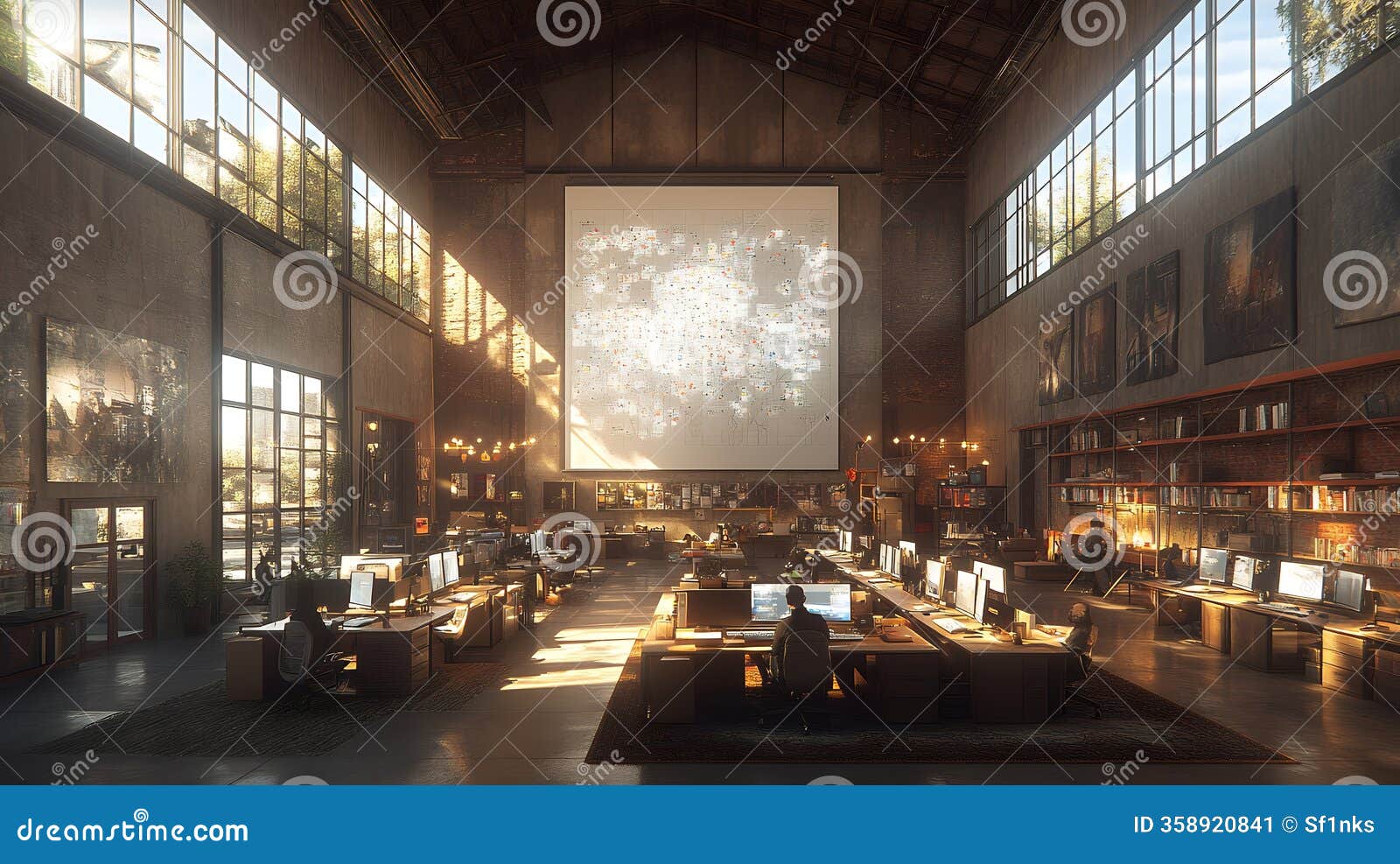 Sunlit Industrial Workspace with Large Map, Designers Working at ...