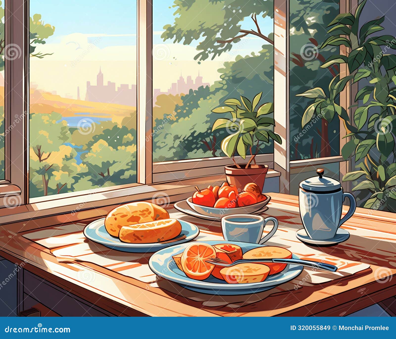 Sunlit Kitchen with a Healthy Breakfast, Flat Design, Front View ...