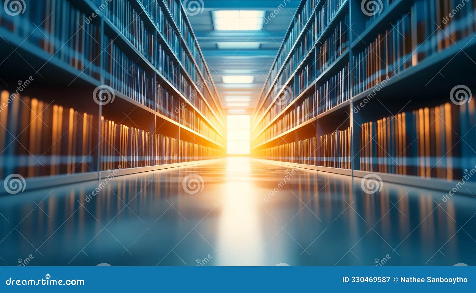 Sunlit Library Aisle with Endless Bookshelves Stock Illustration ...