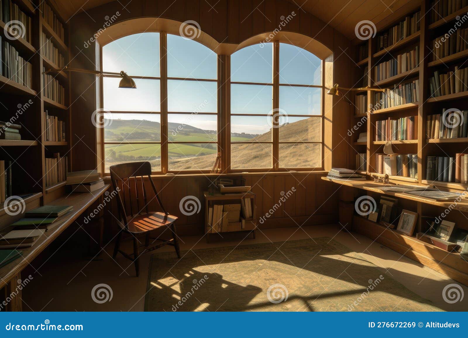 Sunlit Library, with View of Rolling Hills and Blue Skies Stock Image ...
