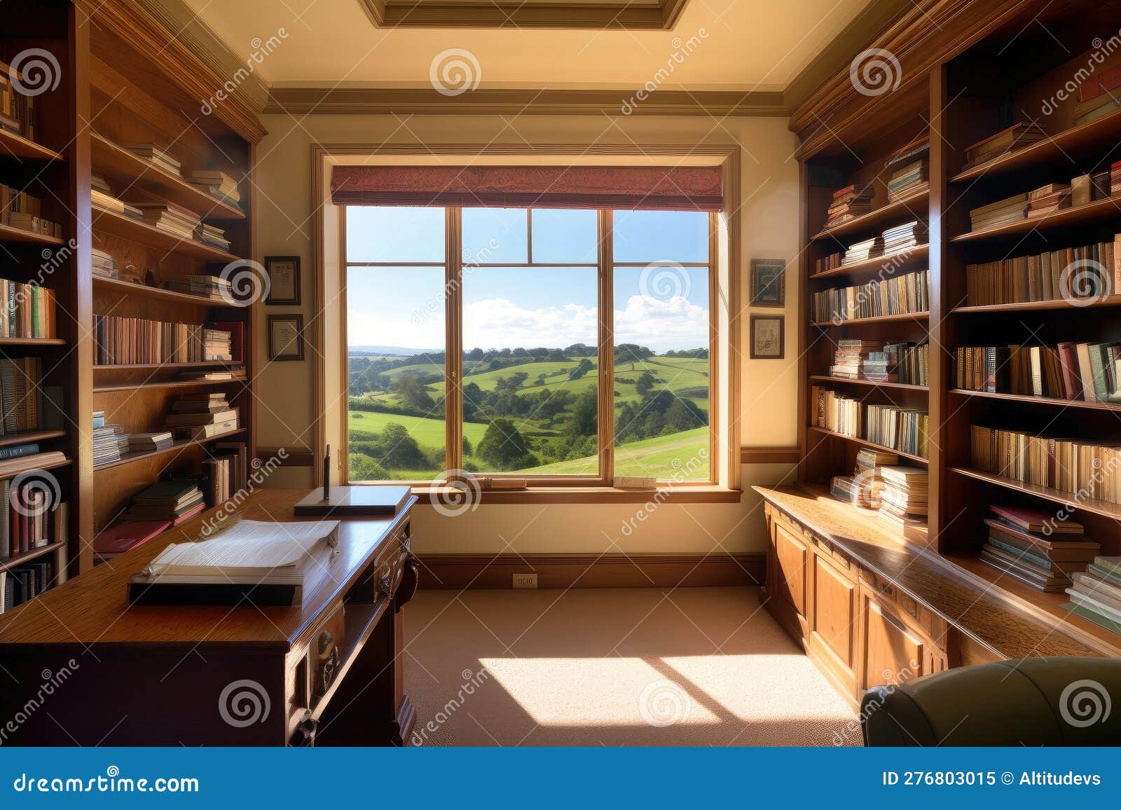 Sunlit Library, with View of Rolling Hills and Blue Skies Stock Image ...