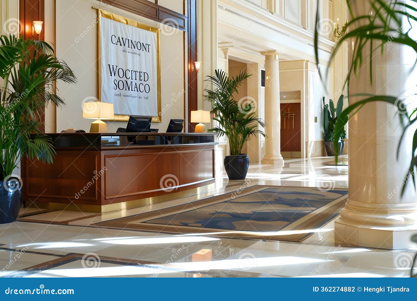 Sunlit Lobby, Elegant Reception Desk with Plants and Columns ...
