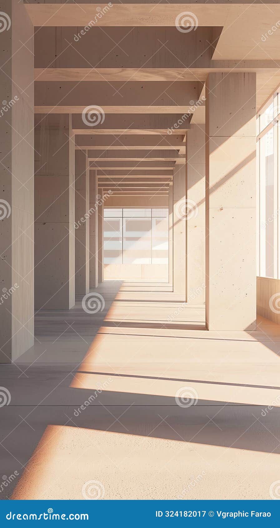 Sunlit Modern Architectural Corridor with Concrete Pillars and Shadow ...