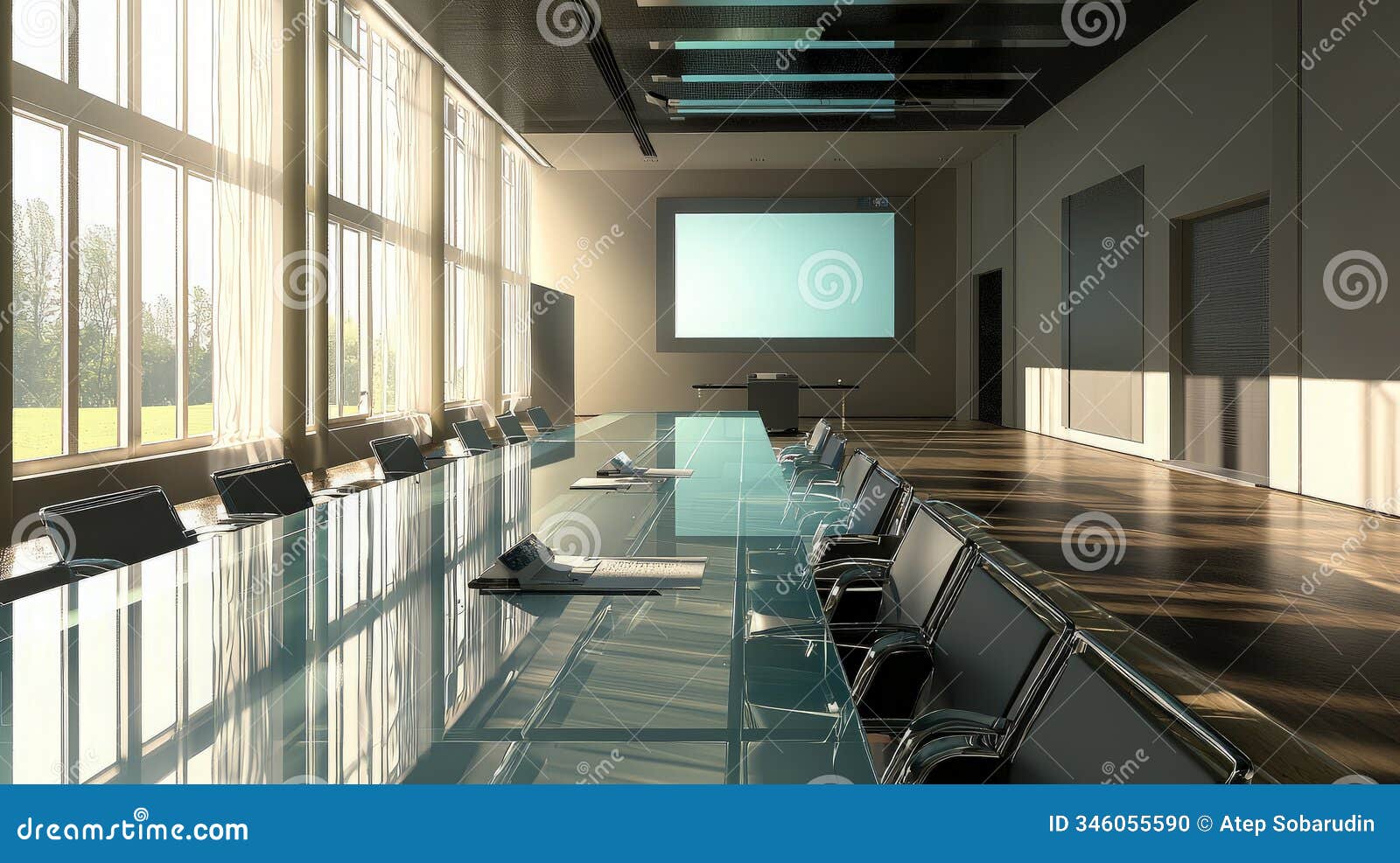 Sunlit Modern Conference Room with Glass Table, Chairs, and Projection ...