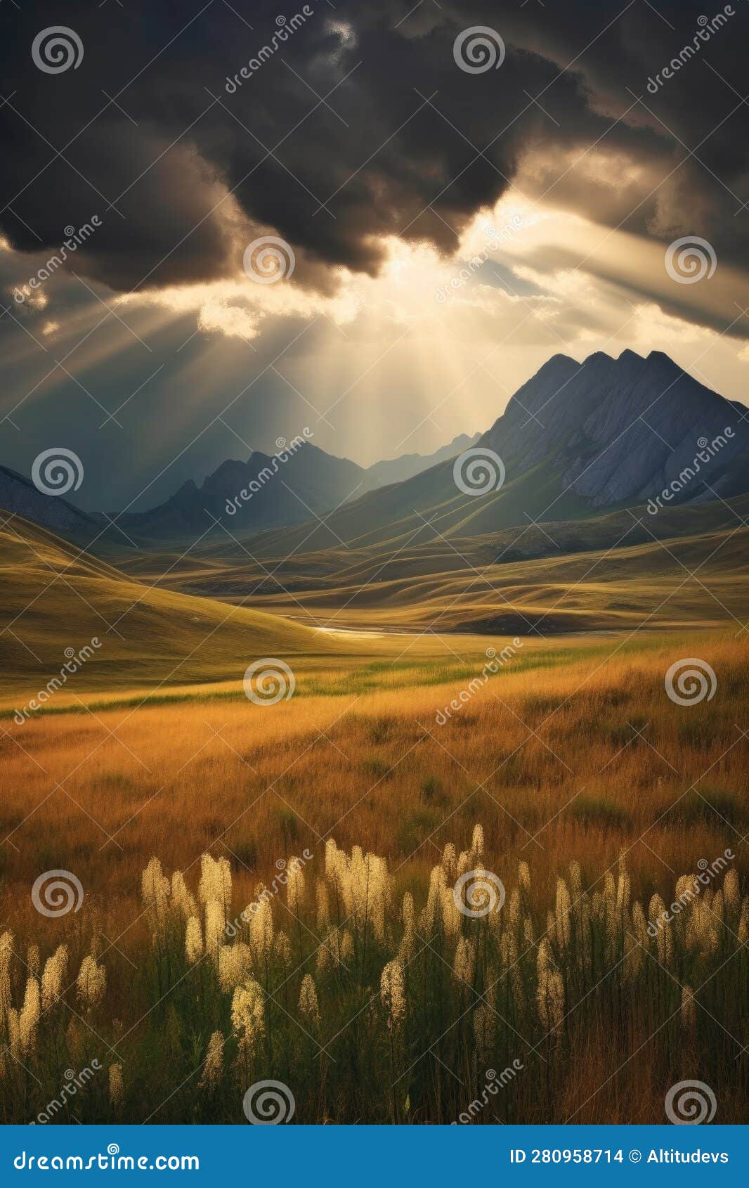 Sunlit Mountain Landscape with Dramatic Clouds Stock Illustration ...
