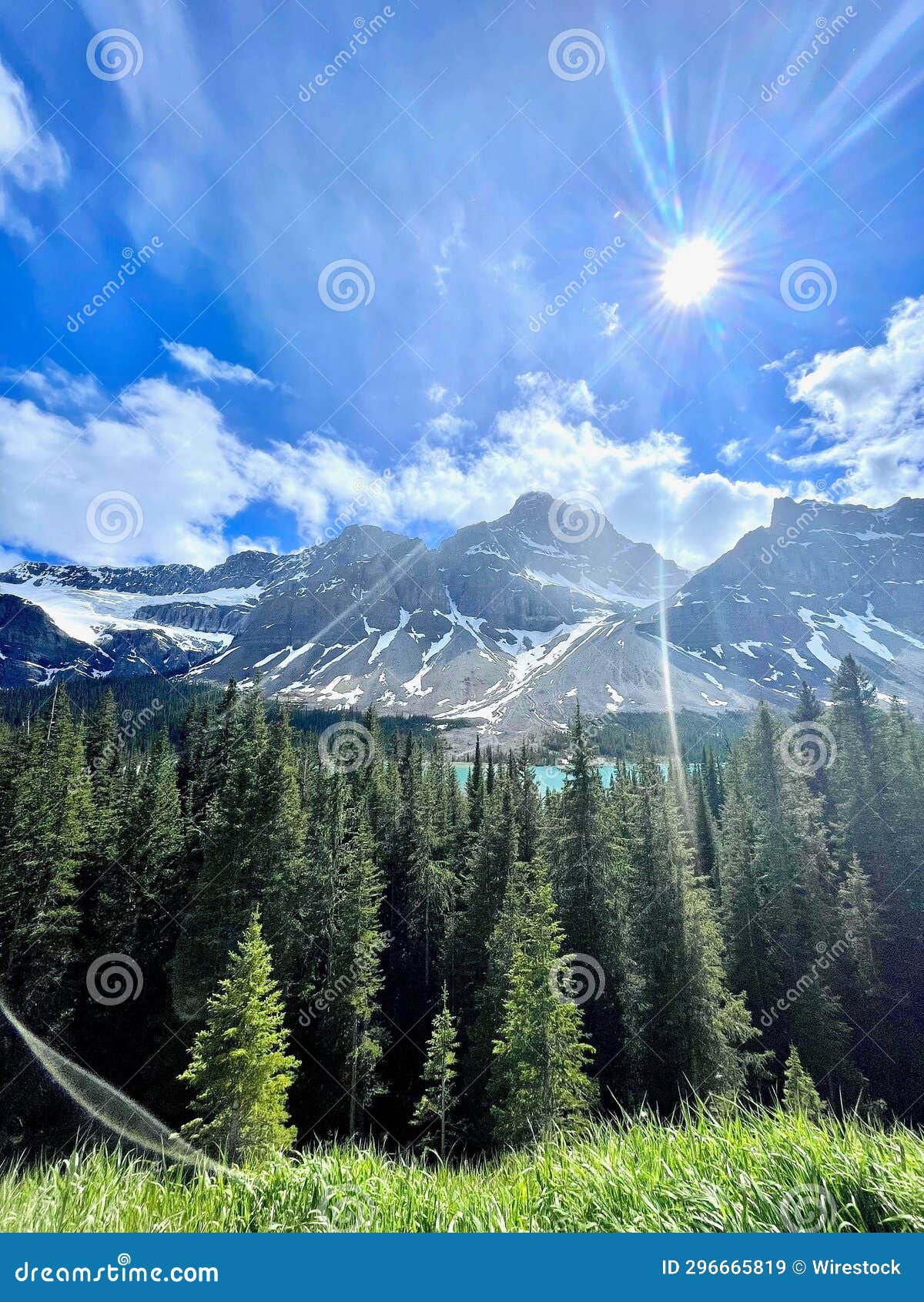 Sunlit Mountain Range, with Lush Green Trees and Snow-capped Peaks in ...