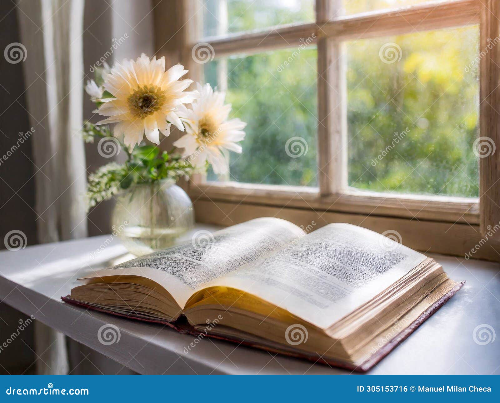 Sunlit Open Book and White Flowers by a Window Stock Photo - Image of ...