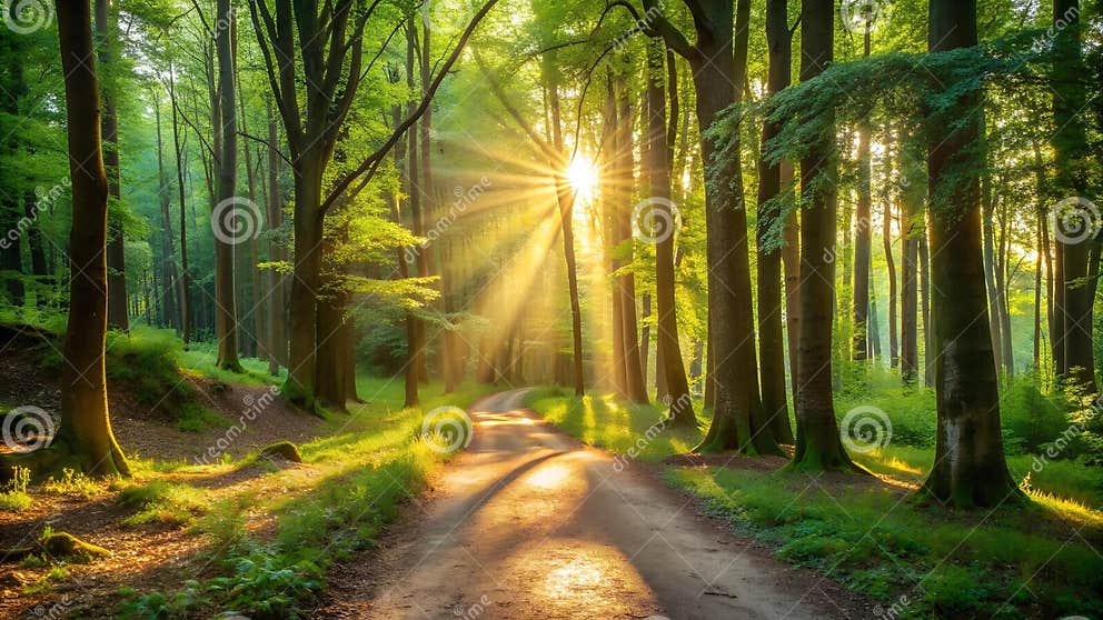 A Sunlit Path through a Forest of Trees AI Generated Stock Illustration ...