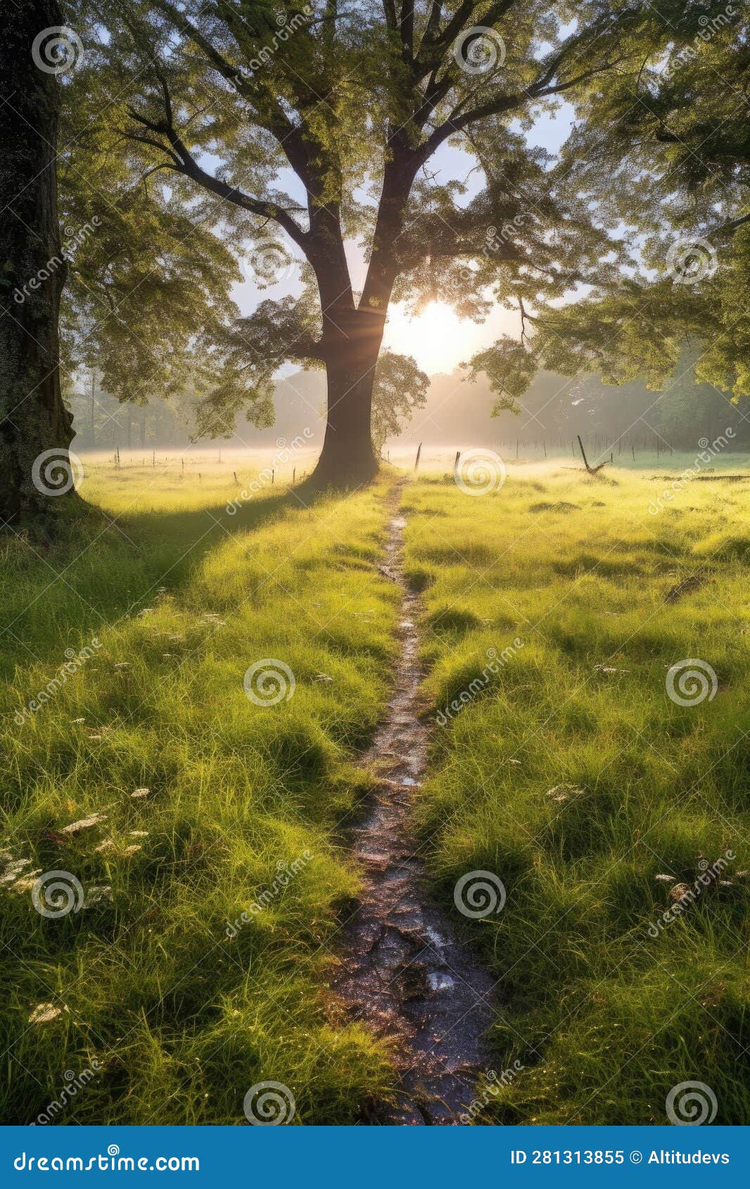 Sunlit Path Leading through a Dew-covered Meadow Stock Illustration ...