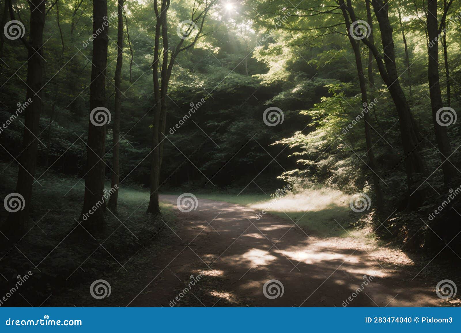 A Sunlit Pathway in a Dense Forest Stock Illustration - Illustration of ...