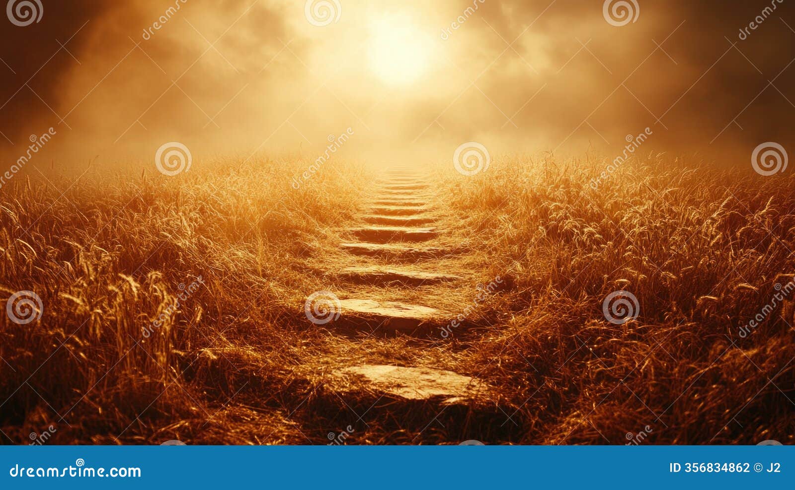 Sunlit Pathway through Golden Field at Sunrise with Misty Atmosphere ...