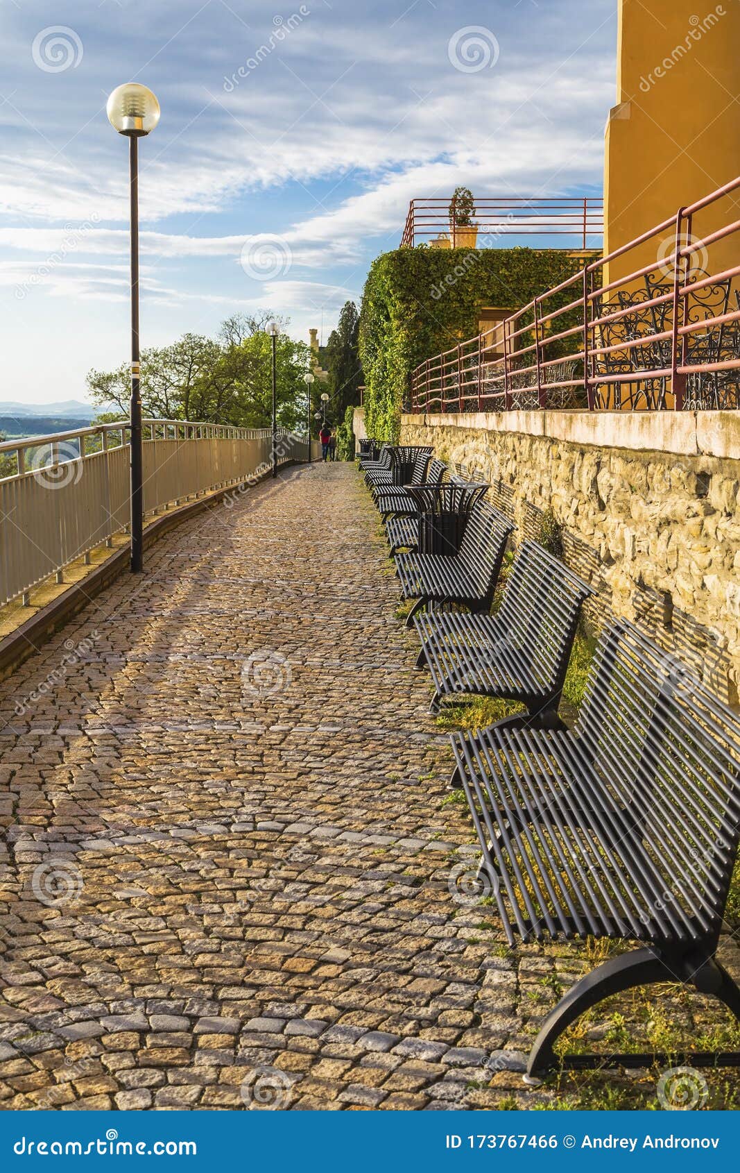 Sunlit Pedestrian Stone Paved Path Stock Photo - Image of grass ...