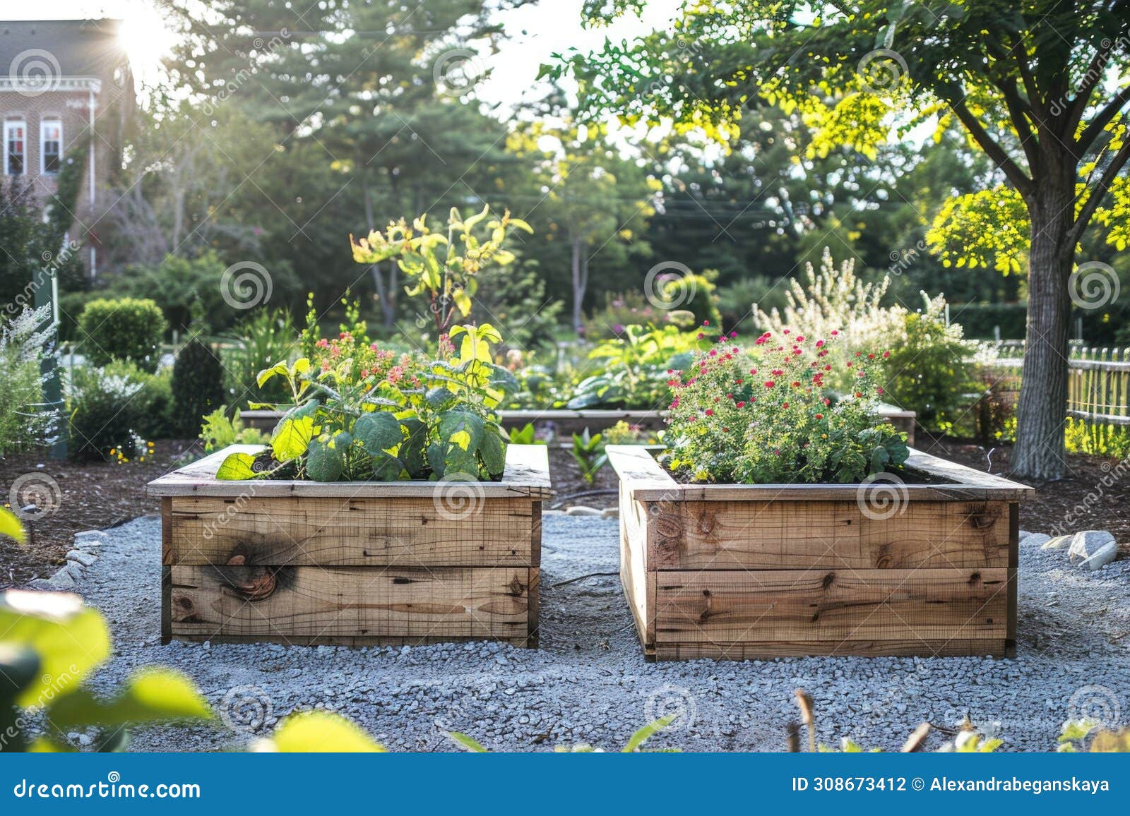 Sunlit Raised Vegetable Garden Beds in a Vibrant Backyard Setting Stock ...